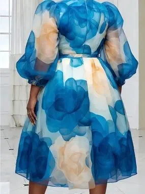 Xpluswear | Dresses | Xpluswear Blue Floral Midi Dress With Sheer Puff ...